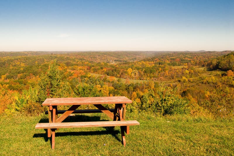 Picnic Table in Autumn Scene Stock Image - Image of scenery, colorful ...