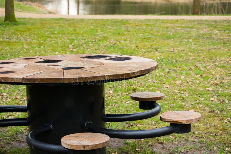 Picnic Table Bench in the Forest Nature Grass Trees Water Stock Image ...