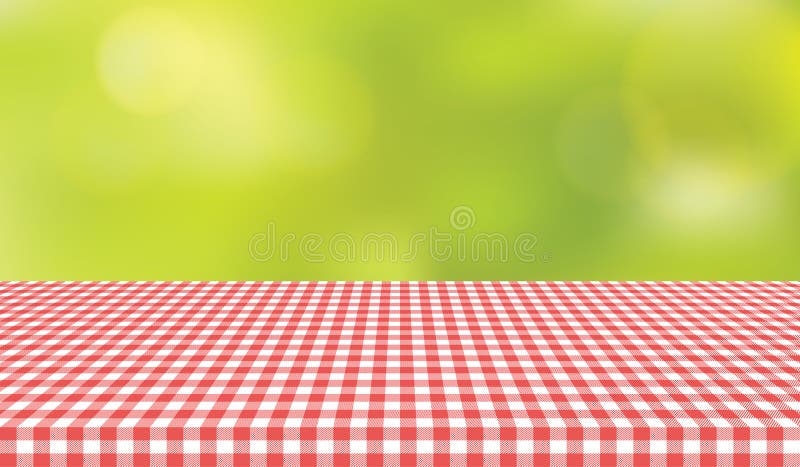 Picnic Table with Red Checkered Pattern of Linen Tablecloth and Blurred ...