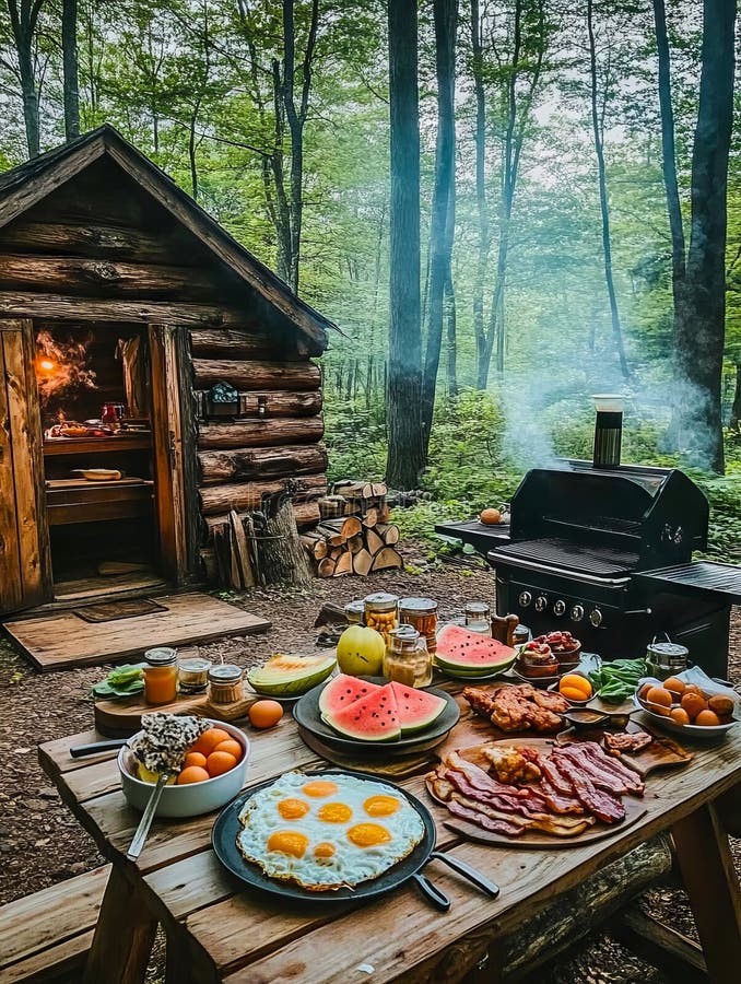 A Picnic Table with Food on it in Front of a Cabin in the Woods Stock ...