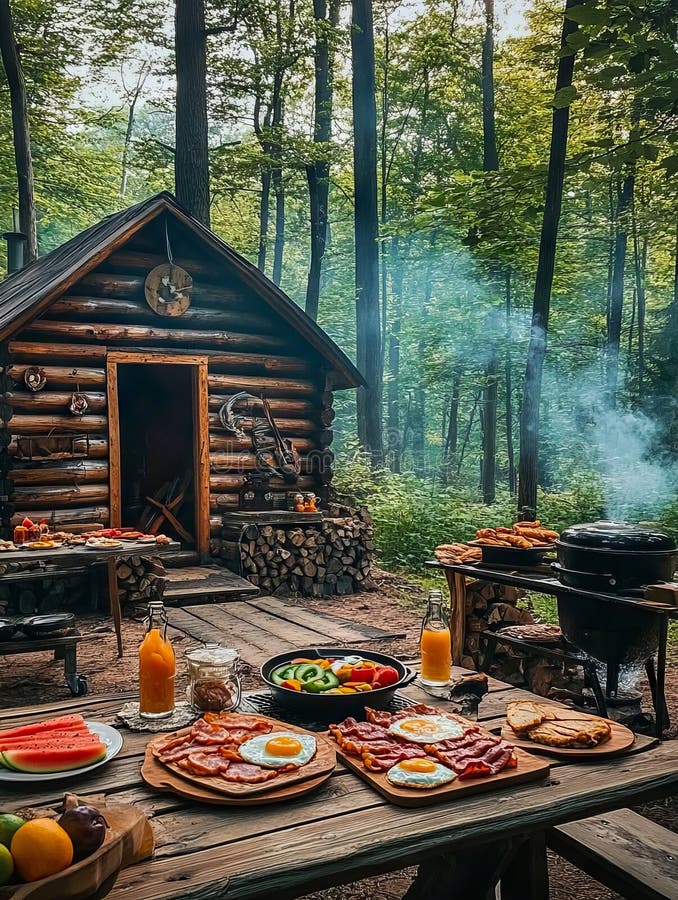 A Picnic Table with Food on it in Front of a Cabin in the Woods Stock ...
