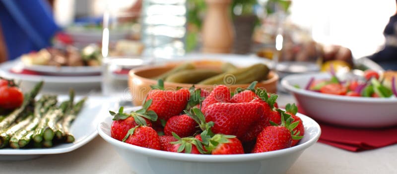 Picnic Table with Grilled Foods and Strawberries Stock Image - Image of ...