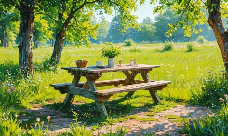 Picnic Table in the Middle Field Stock Illustration - Illustration of ...