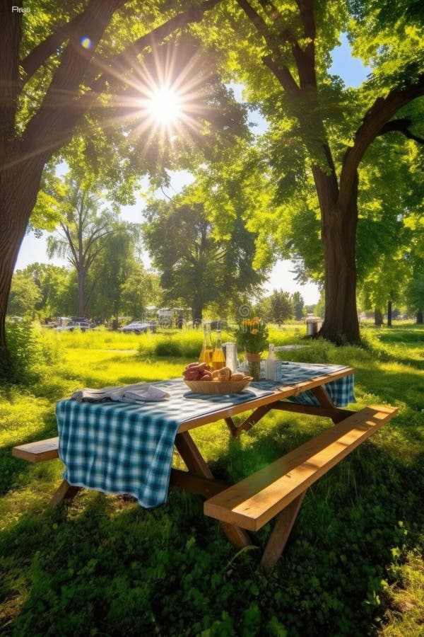 Picnic Table Set Up in a Sunny Park Stock Illustration - Illustration ...