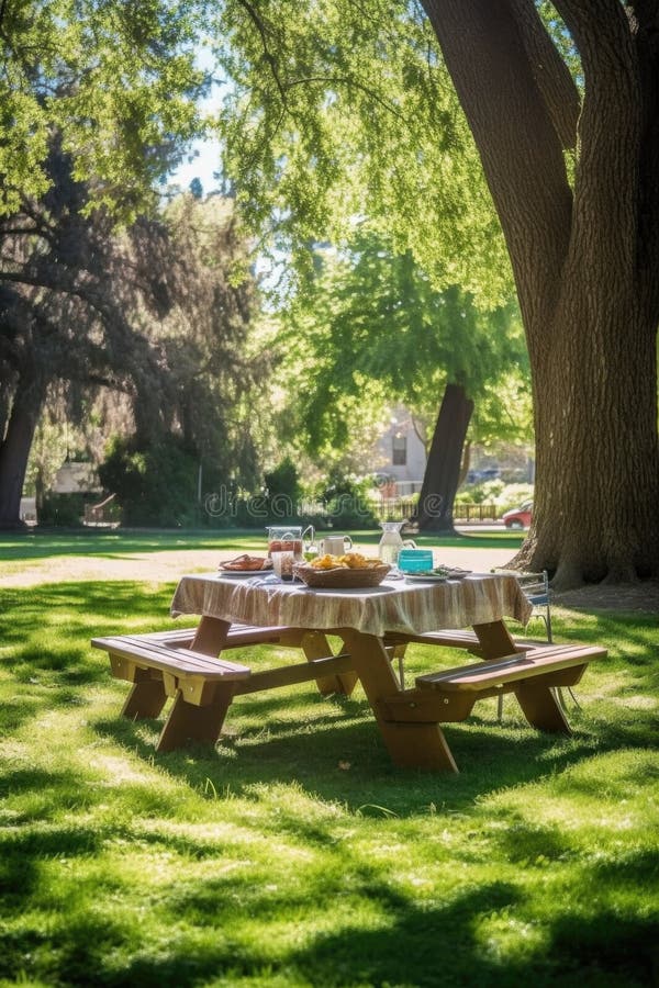 Picnic Table Set Up in a Sunny Park Stock Illustration - Illustration ...