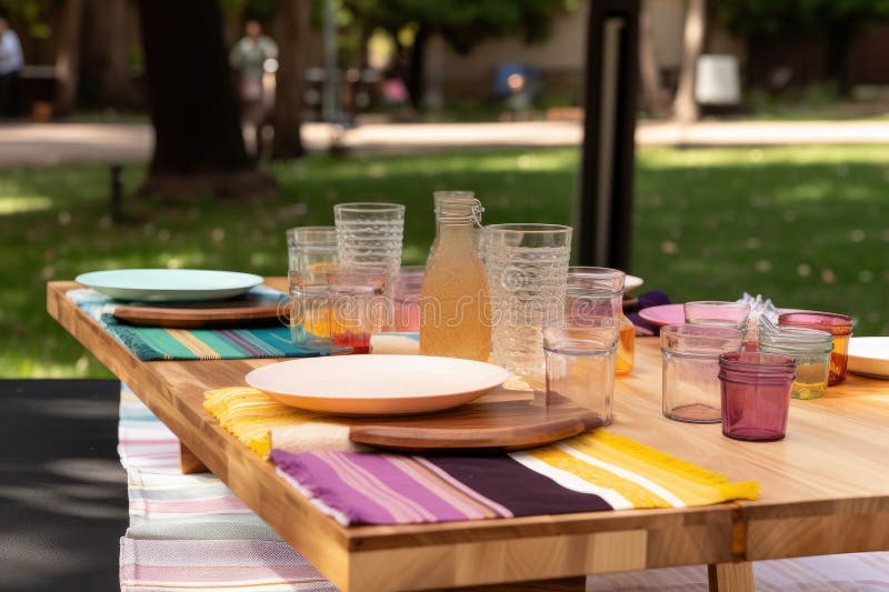 Picnic Table Set with Wooden Plates, Glasses, and Silverware Stock ...