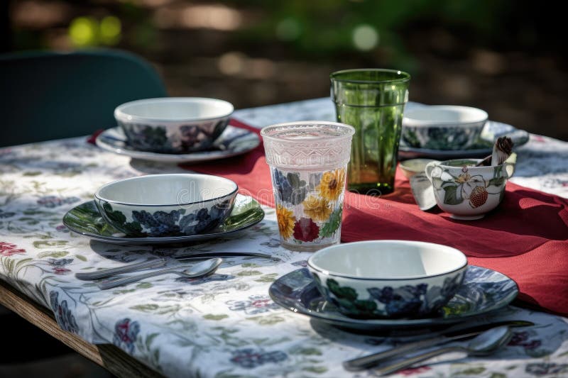 Picnic Table Setting with Cups, Plates, and Silverware for Two Stock ...