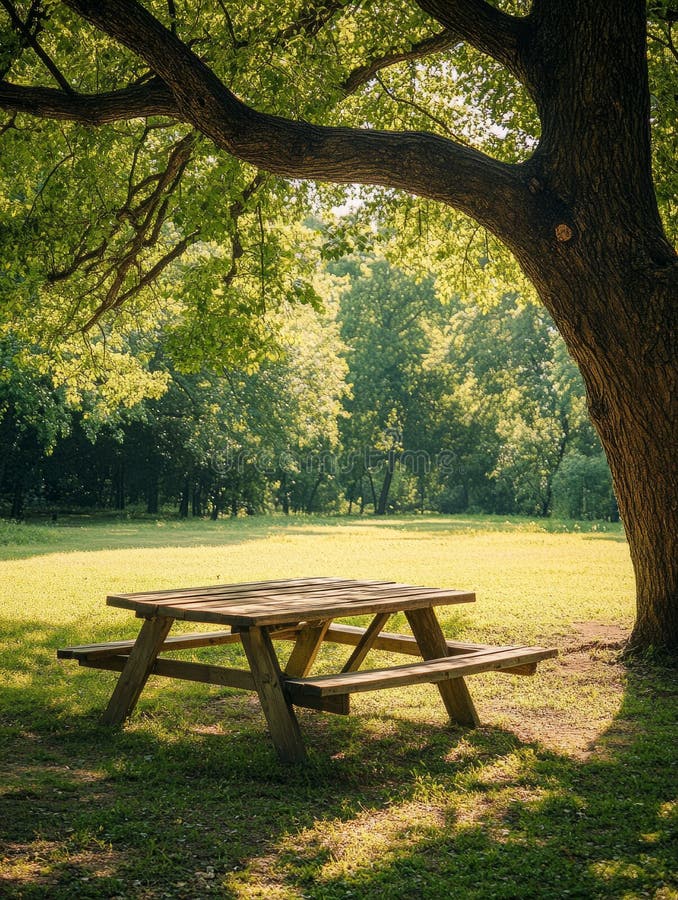 Picnic Table Under Tree in a Sunlit Park Setting. Stock Image - Image ...