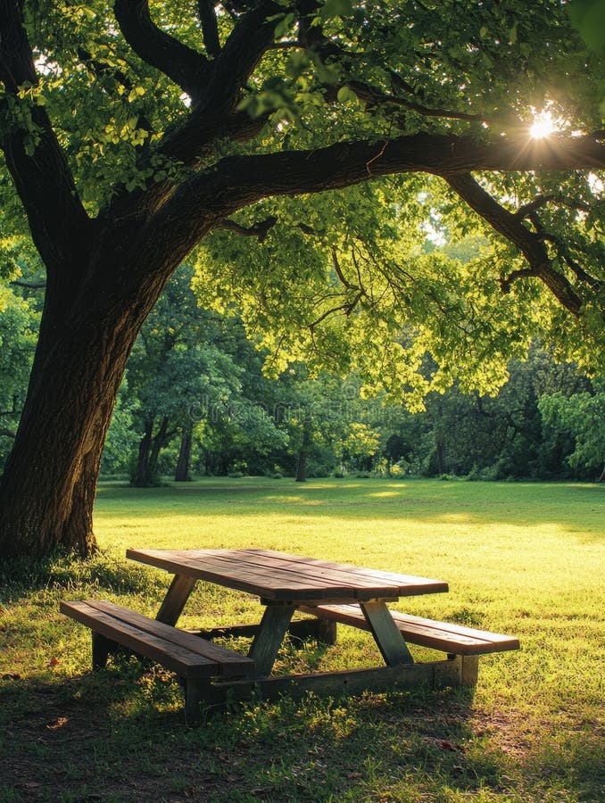 Picnic Table Under a Tree in a Sunny Park Stock Image - Image of bright ...