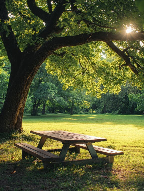 Picnic Table Under a Tree in a Sunny Park Stock Image - Image of bright ...