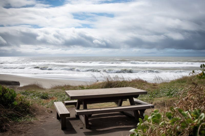 Picnic Table with a View of the Beach, Waves Crashing in the Distance ...