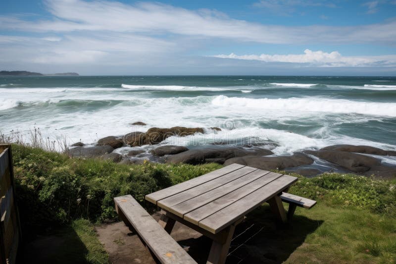 Picnic Table with a View of the Ocean, Waves Rolling in Stock ...