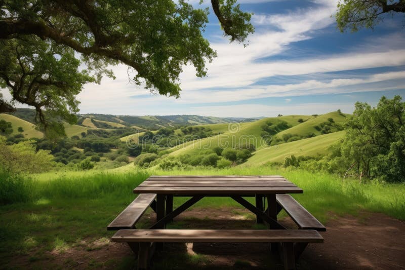 Picnic Table with View of Rolling Hills and Lush Greenery Stock Photo ...