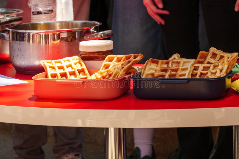 Picnic Table Waffles Pancakes Chocolate Spread Stock Photos - Free ...