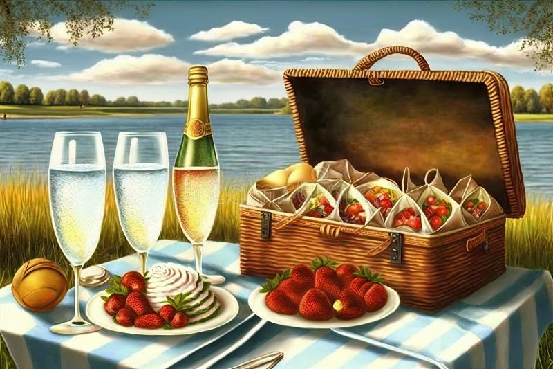 Picnic for Two, with Champagne Glasses and Strawberries Stock ...