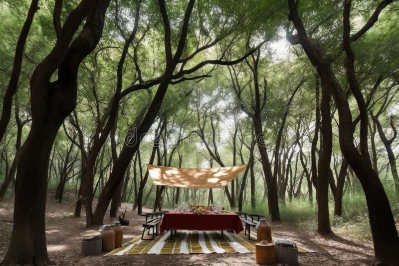Picnic Under Canopy of Trees with a View of the Forest Stock ...