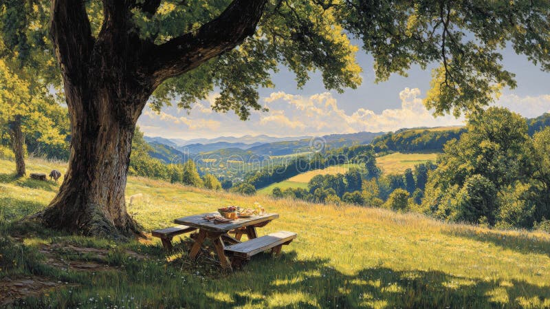 Picnic Under a Tree with a Valley View Stock Image - Image of meadow ...