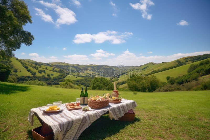Picnic with View of Rolling Hills or a Lush Garden Stock Illustration ...