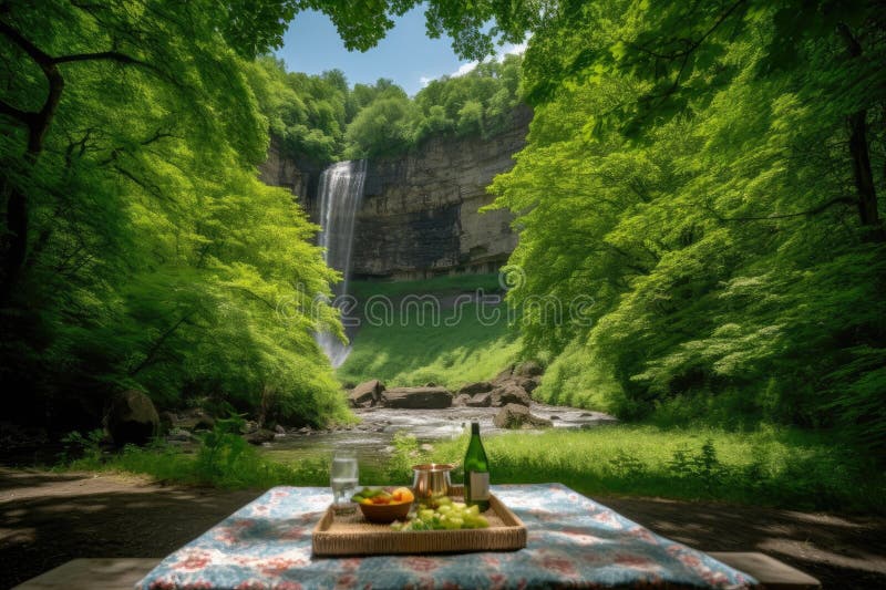 Picnic with View of Waterfall, Surrounded by Greenery Stock Image ...