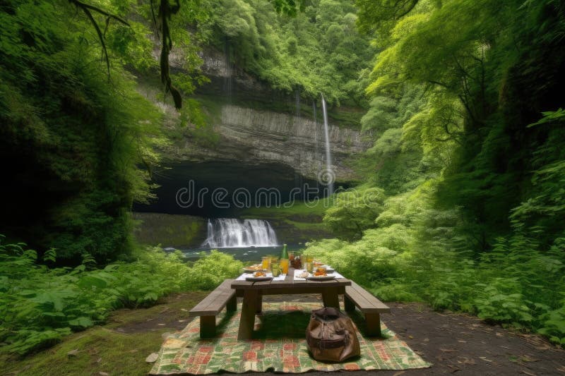 Picnic with View of Waterfall, Surrounded by Greenery Stock Image ...
