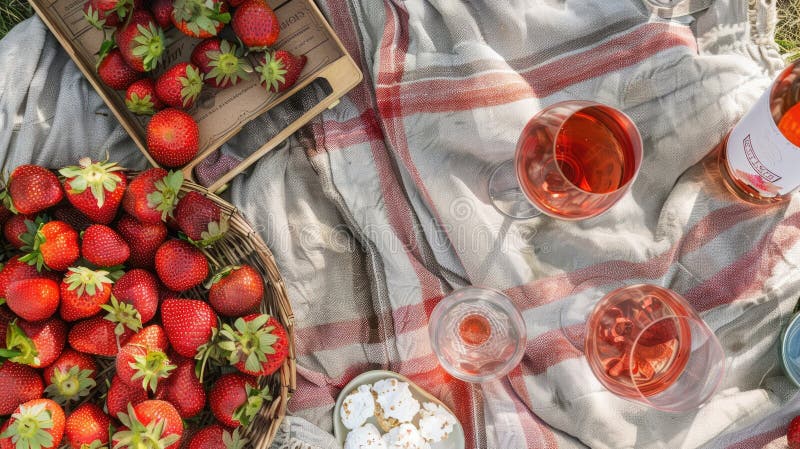 Picnic Wine Strawberries Top View. Selective Focus Stock Photo - Image ...