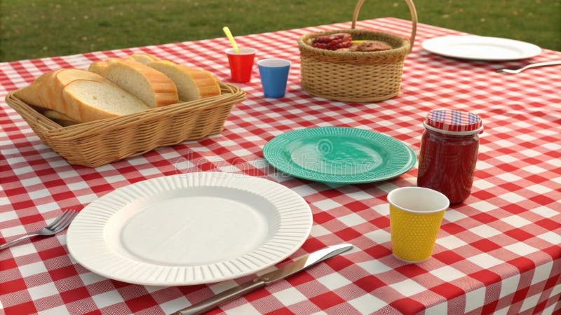 A Picnicstyle Dinner Setup Features a Large Checkered Red and White ...
