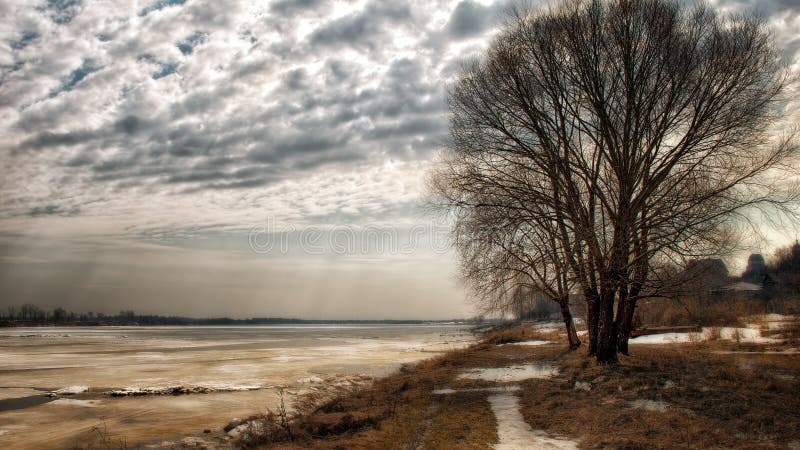 Wintry Riverbank Scene stock illustration. Illustration of filled ...