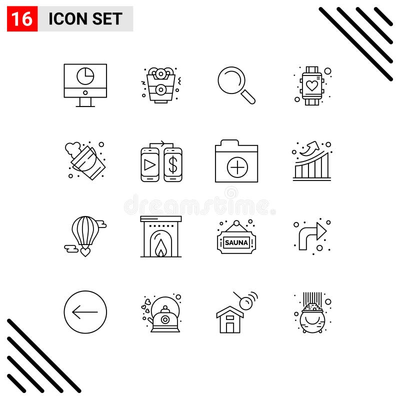 Pictogram Set of 16 Simple Outlines of Fire, Watch, Find, Smart Watch ...