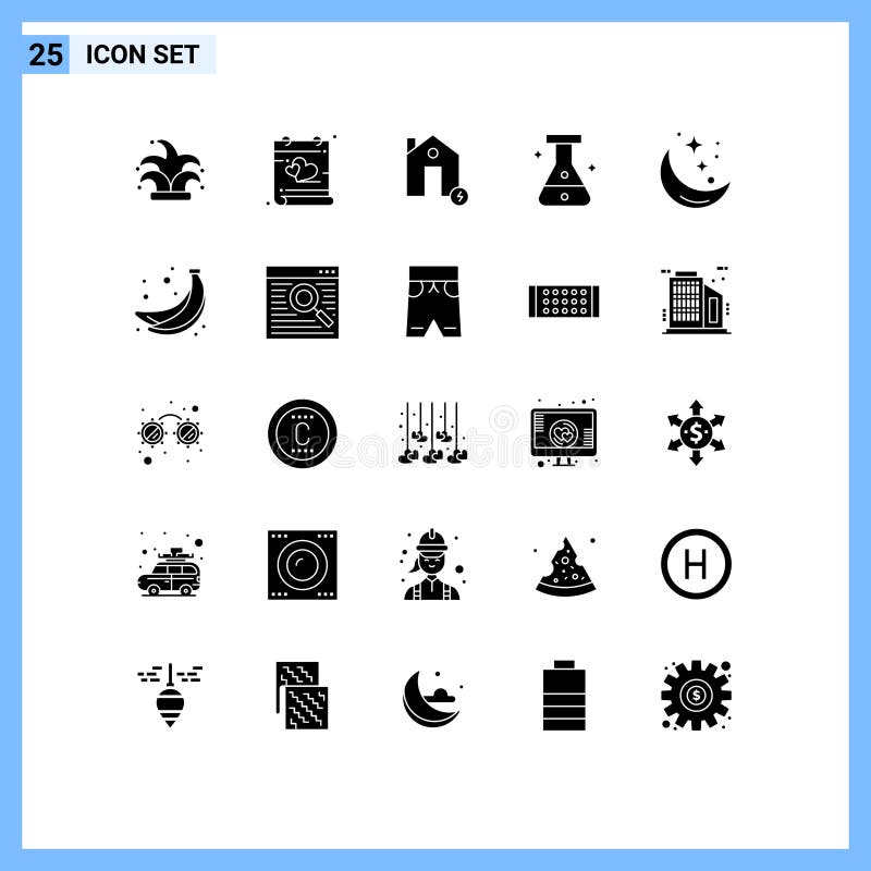 Pictogram Set of 25 Simple Solid Glyphs of Night, Lab, Battery, Medical ...