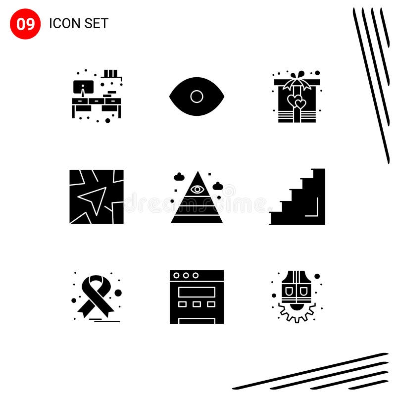 9 Thematic Vector Solid Glyphs and Editable Symbols of Pyramid, Eye ...