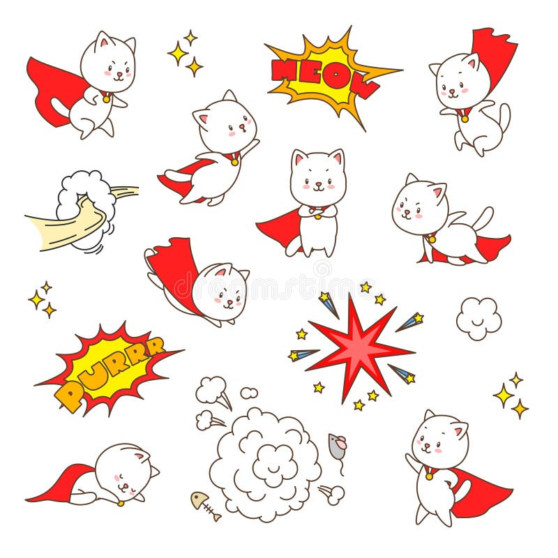 Set of super cat stickers stock vector. Illustration of cartoon - 197287228