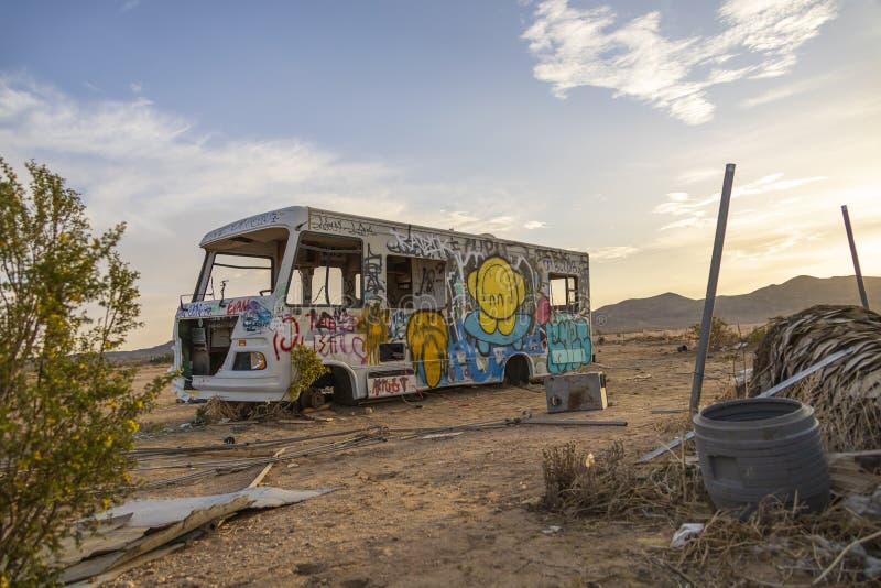 Abandoned RV with a Lot of Graffiti in the Middle of the Desert Stock ...
