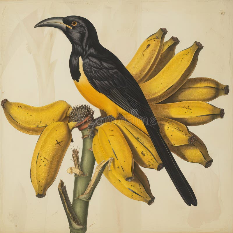 Picture of a Beautiful Bird on a Ripe Banana Fruit. Stock Illustration ...
