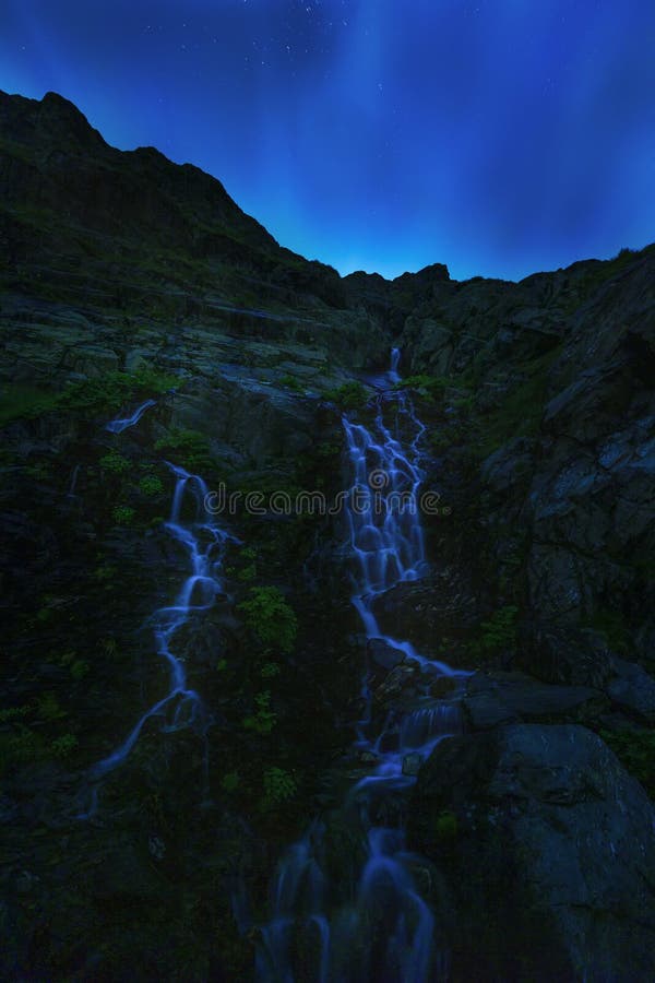 Beautiful Waterfall in the Mountains at Night with Stars Stock Image ...