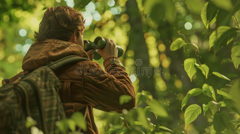 The Bird Watcher Using Binocular and Searching for the Bird in a Forest ...