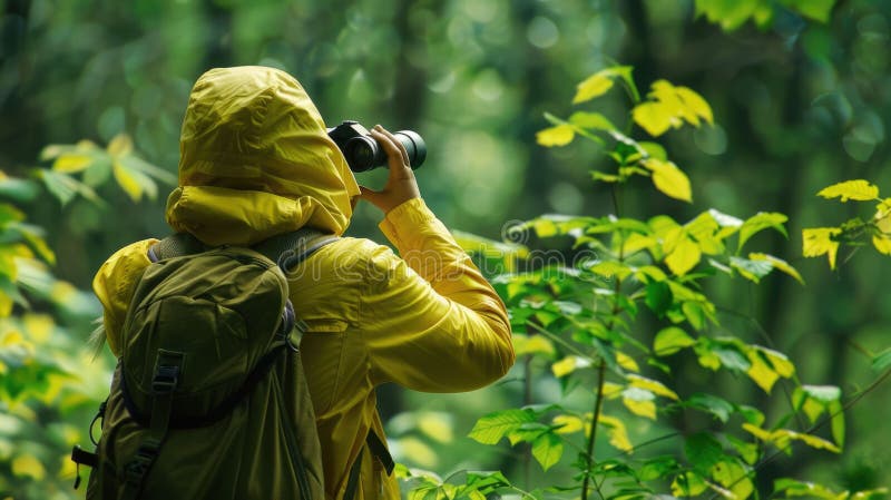 The Bird Watcher Using Binocular and Searching for the Bird in a Forest ...