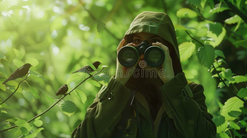 The Bird Watcher Using Binocular and Searching for the Bird in a Forest ...