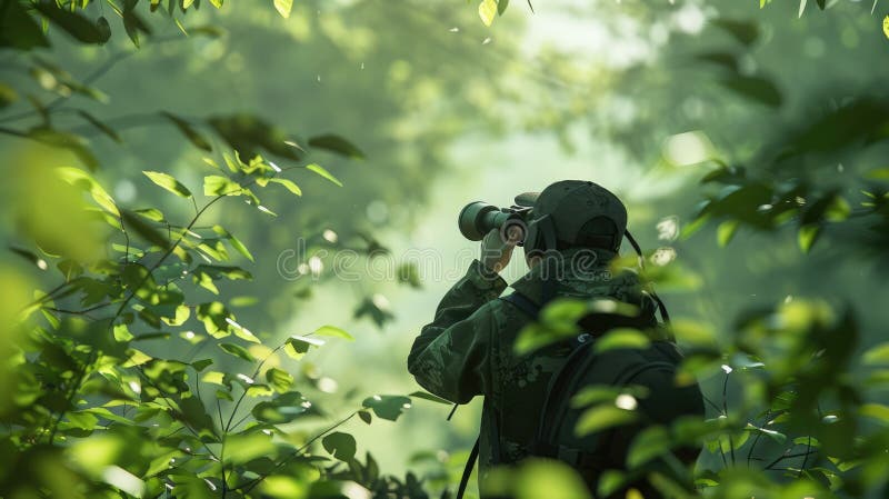 The Bird Watcher Using Binocular and Searching for the Bird in a Forest ...