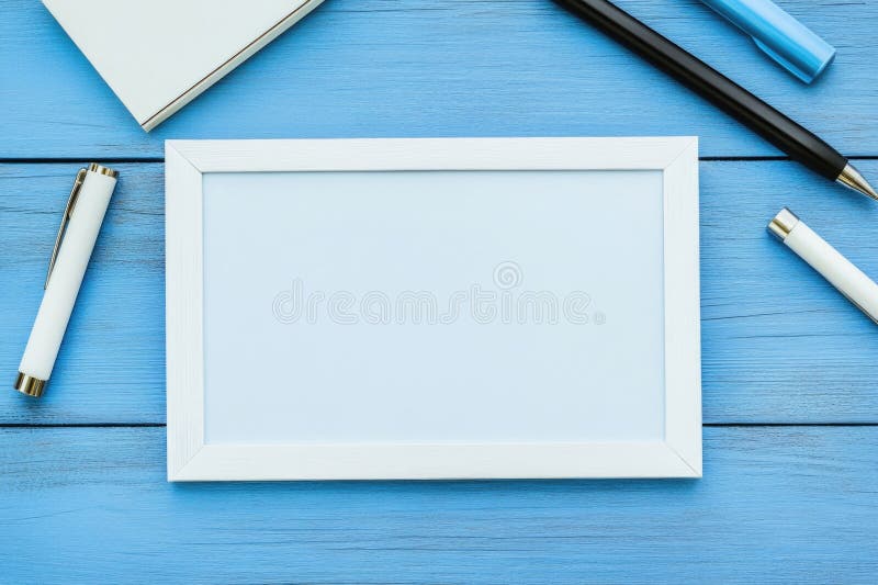 A Picture of a Blue Table with a Picture Frame, Pen, and Notebook Stock ...