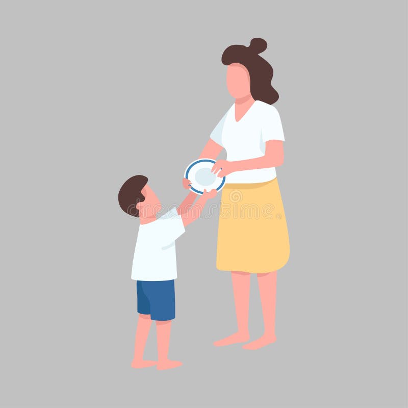 Picture of a Boy Helping Mom on a White Background. Vector Illustration ...