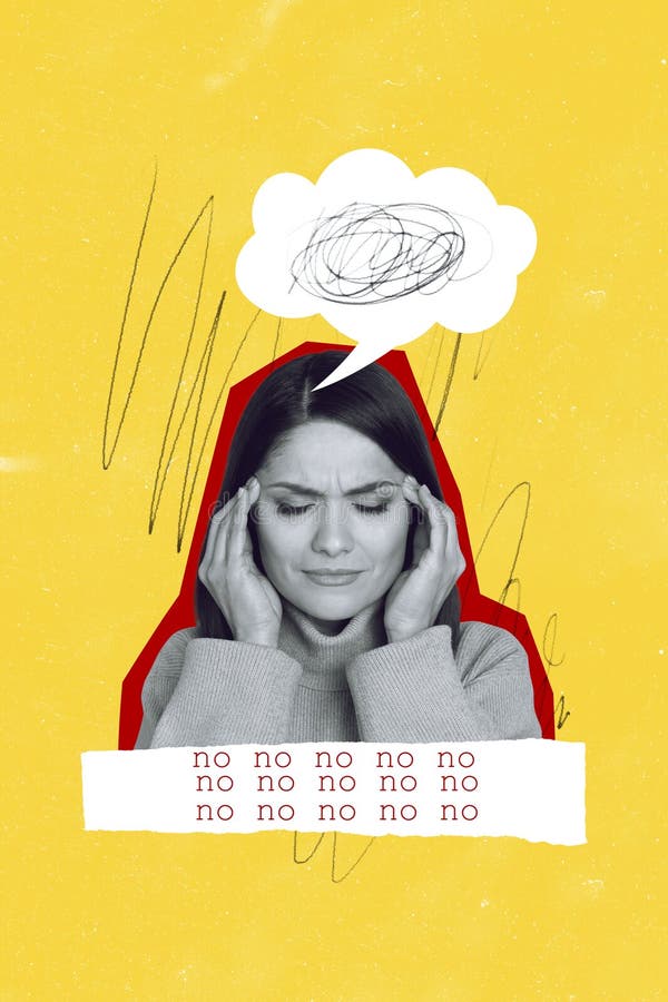 Template Magazine Collage of Stressed Mature Lady Touching Her Forehead ...