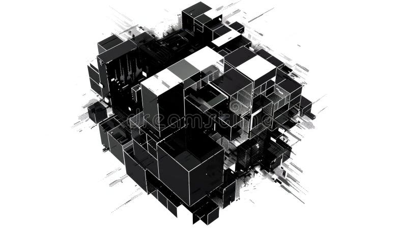 Picture of Complex Black Square Shape Cube in a Monochrome Glitch Style ...