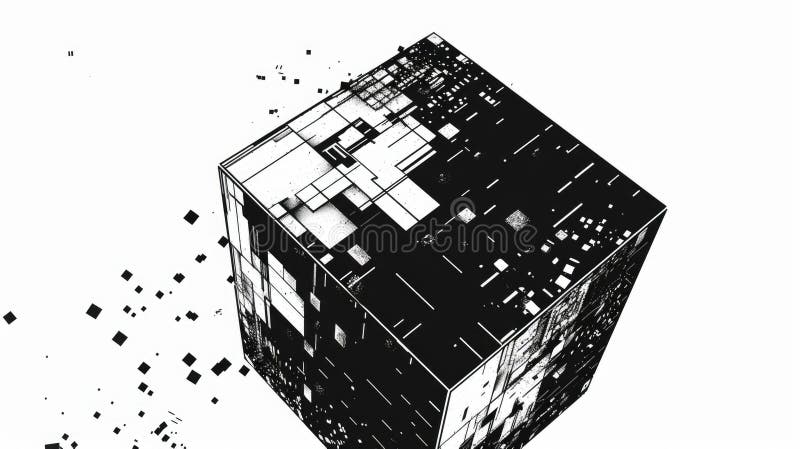 Picture of Complex Black Square Shape Cube in a Monochrome Glitch Style ...