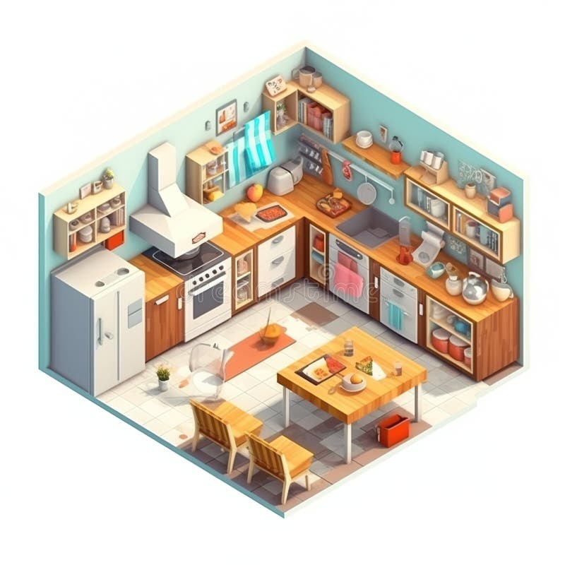3d Isometric View of Kitchen Isolated on White Background Stock ...