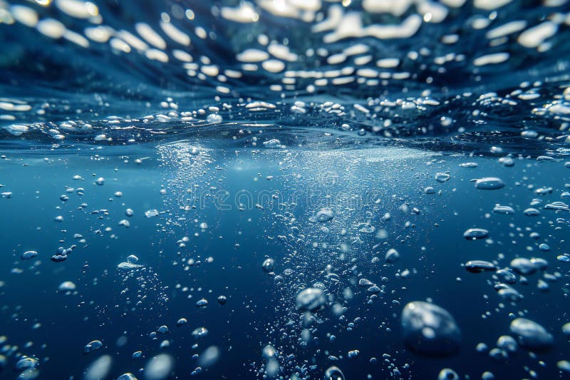 Picture a Deep Blue Ocean Surface, with the Underwater View of Bubbles ...