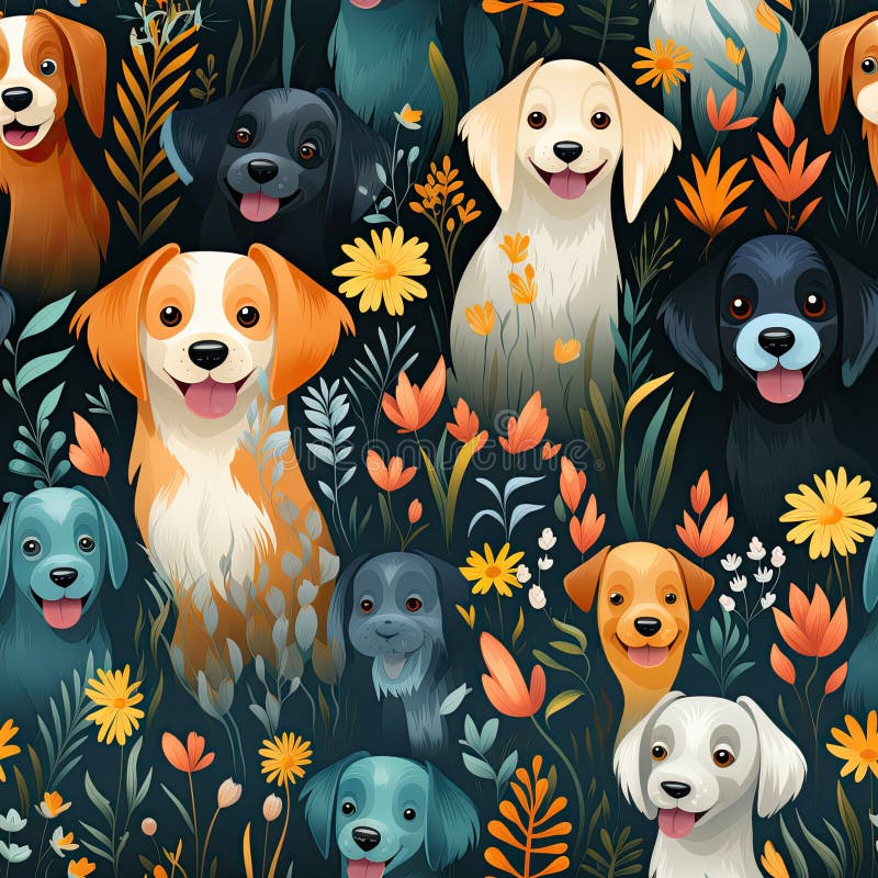 Delightful Repeating Pattern Colorful of Various Cute Adorable Dogs ...