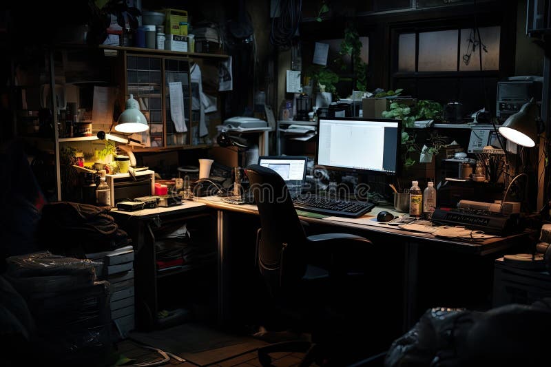 Picture of a Dim Workplace Filled with Many Documents Office after ...