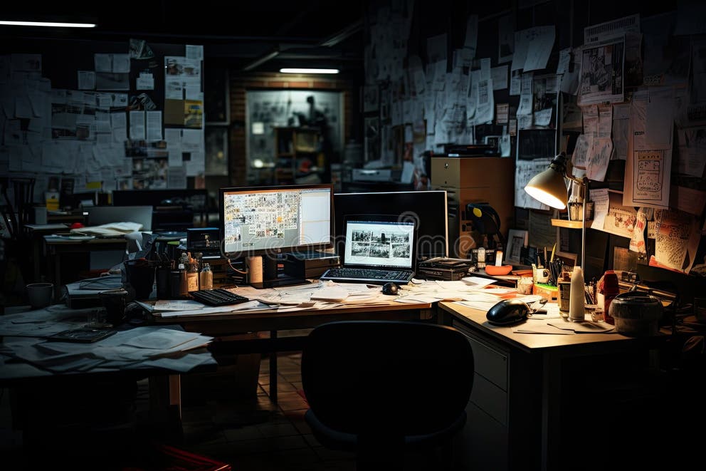 Picture of a Dim Workplace Filled with Many Documents Office after ...