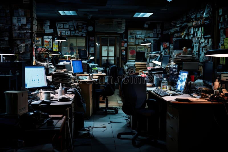 Picture of a Dim Workplace Filled with Many Documents Office after ...