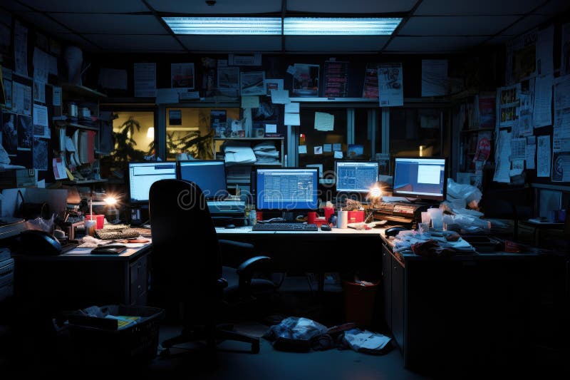 Picture of a Dim Workplace Filled with Many Documents Office after ...